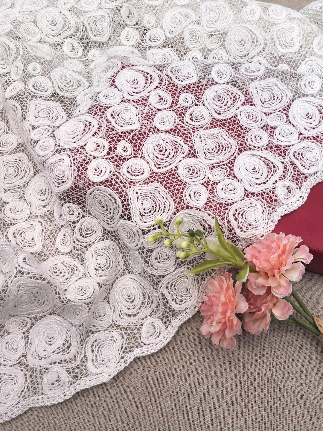 White Circle Lace Fabric, Crochet Geometric Lace, Swirl Dress Lace ...