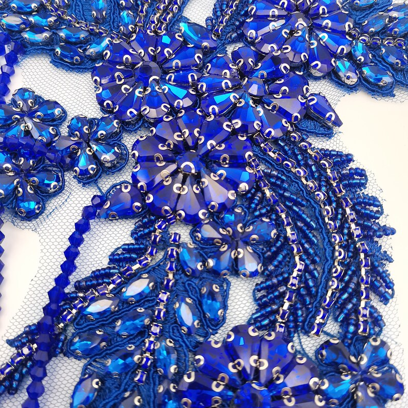 Royal Blue Rhinestone Applique With Tassel, Long Tassel Beaded Applique ...