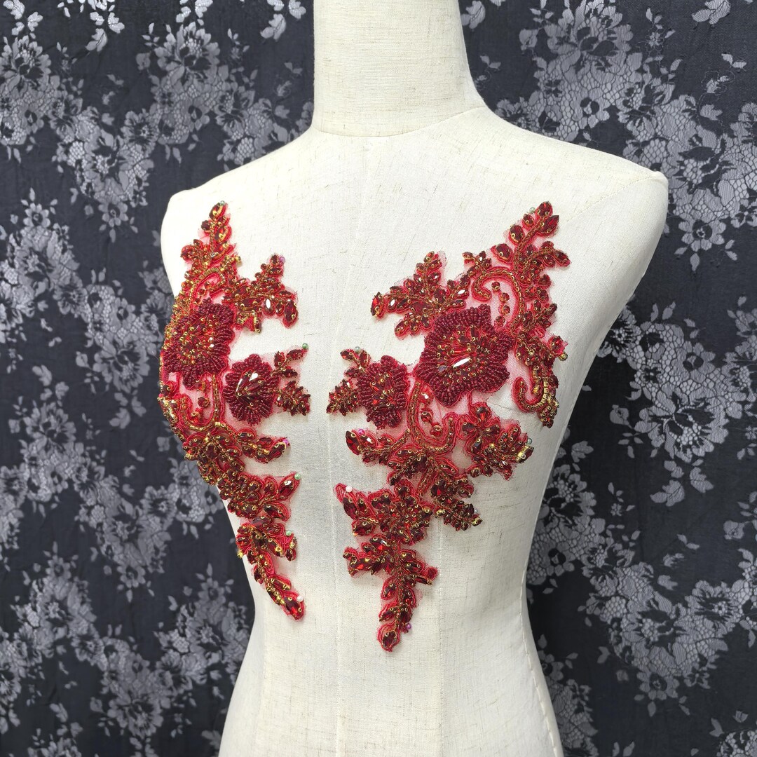 Red Rhinestone Applique, Crystal Bodice Patch, Sparkling Flower Lace ...