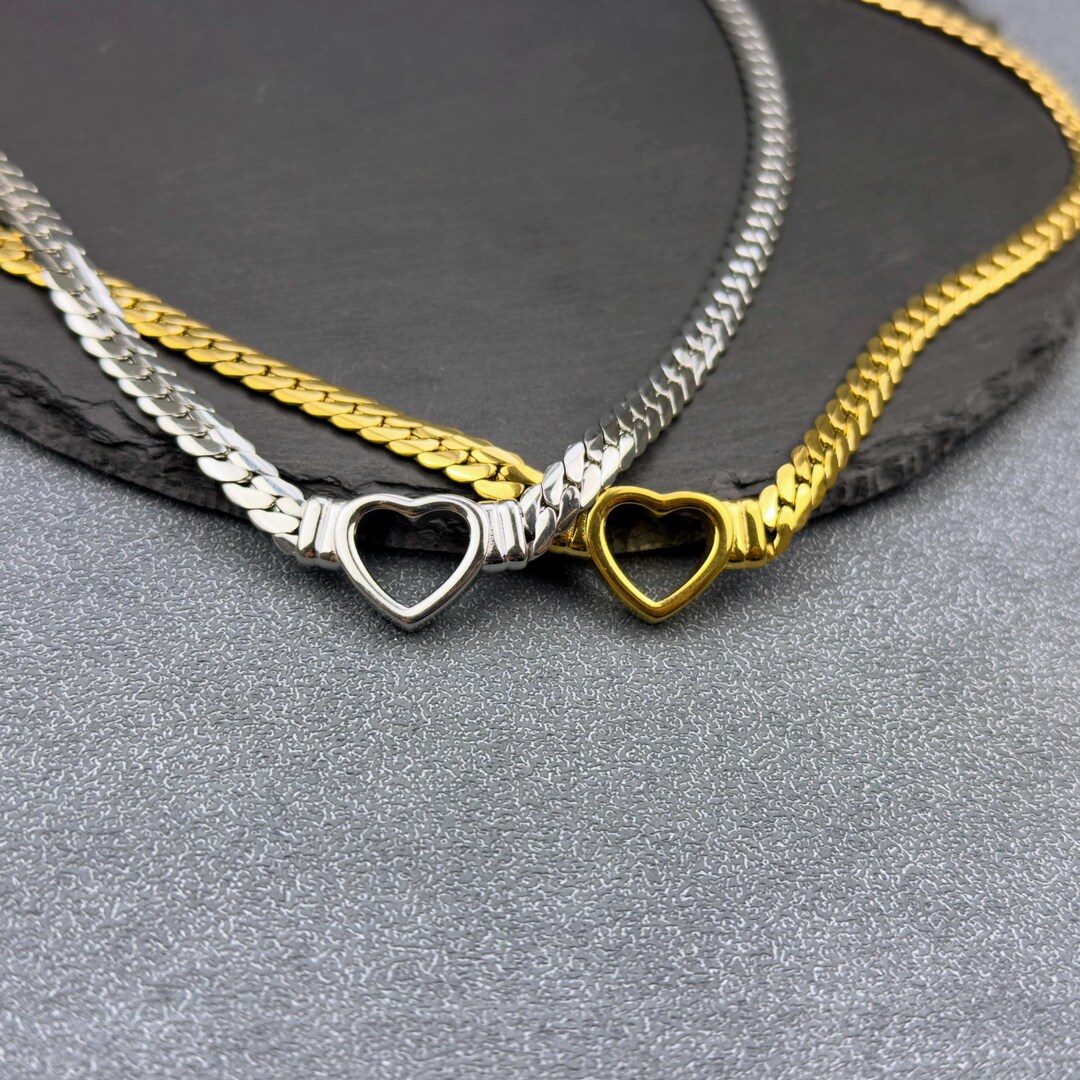 Dainty Open Heart Choker Necklace Delicate Gold & Silver Heart Chain ...