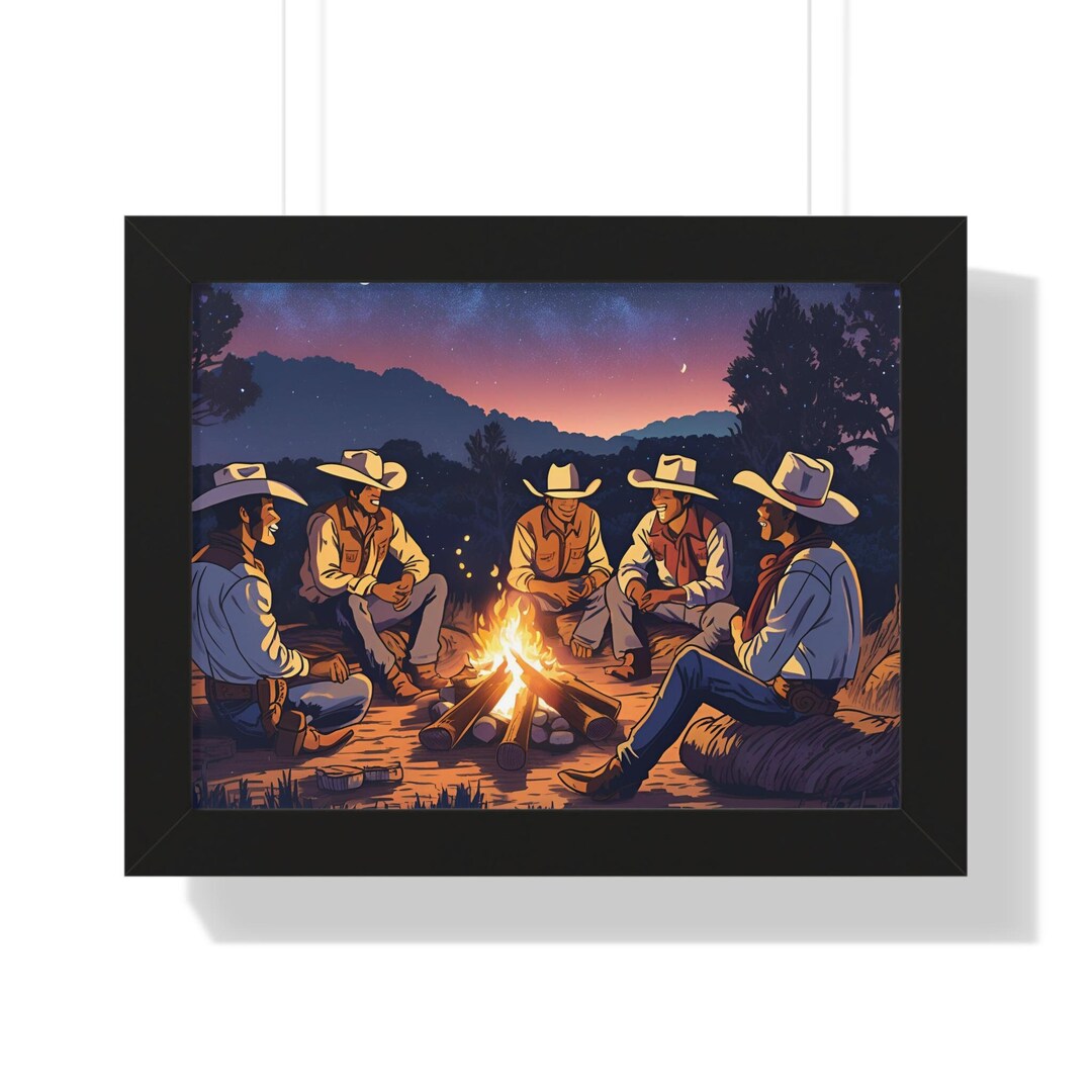 Anime Cowboys Sitting Around Fire Framed Poster, Western Wall Art, Wild ...