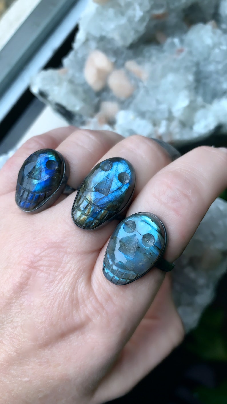 Labradorite ring skull ring carved stone ring blue | Etsy