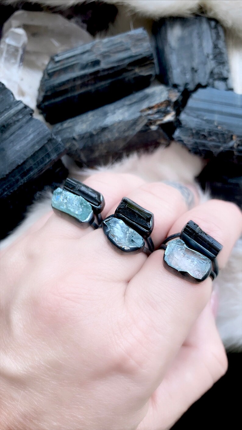 Black Tourmaline Ring Raw Aquamarine Ring | Etsy