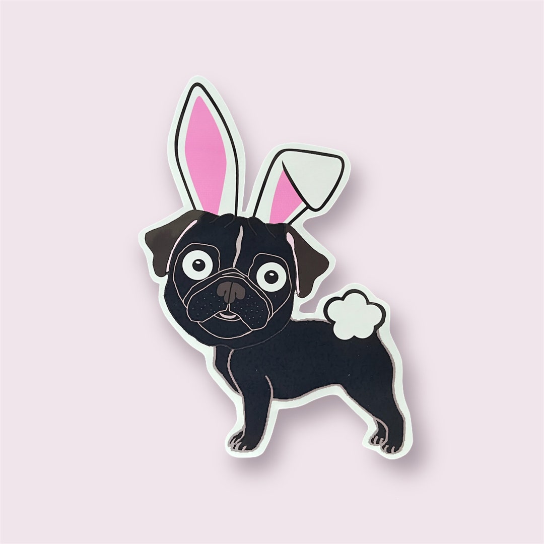Pug Sticker, Vinyl, Black, Bunny Ears, Rabbit Tail, Dog, Decal, Label ...