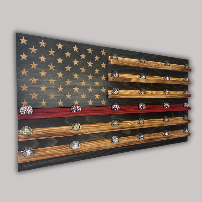 Handcrafted Wooden American Flag Challenge Coin Display: Rustic ...