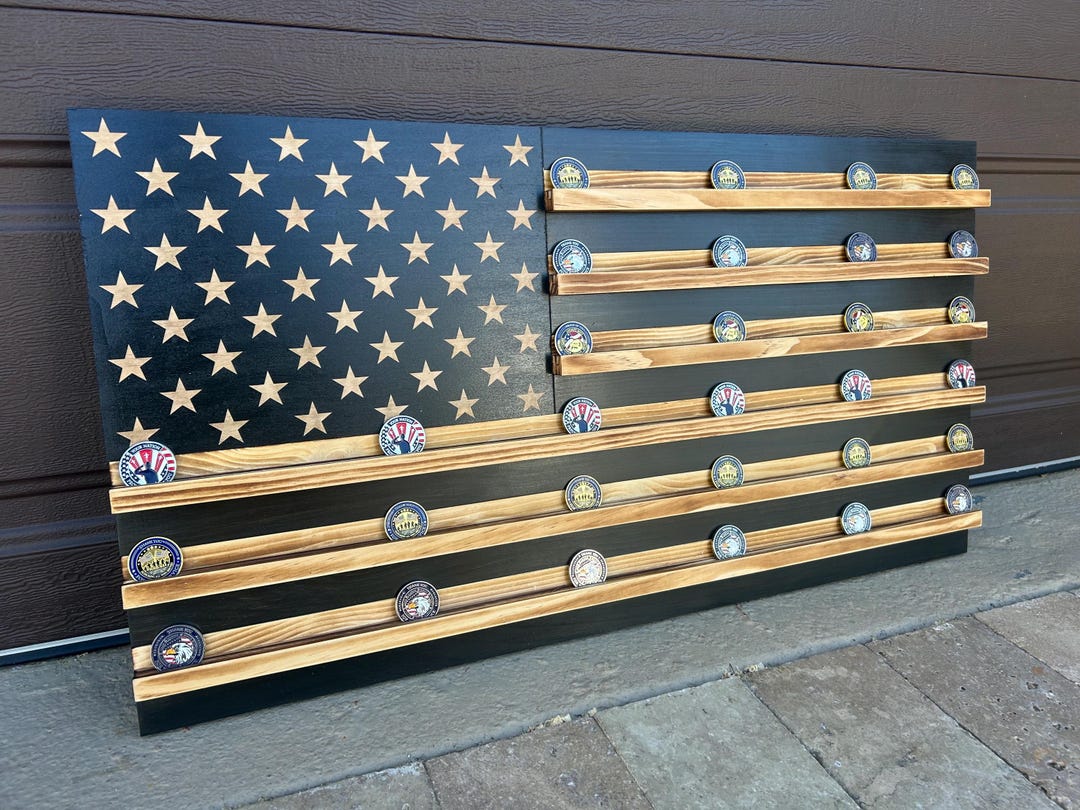 Handcrafted Wooden American Flag Challenge Coin Display: Rustic ...