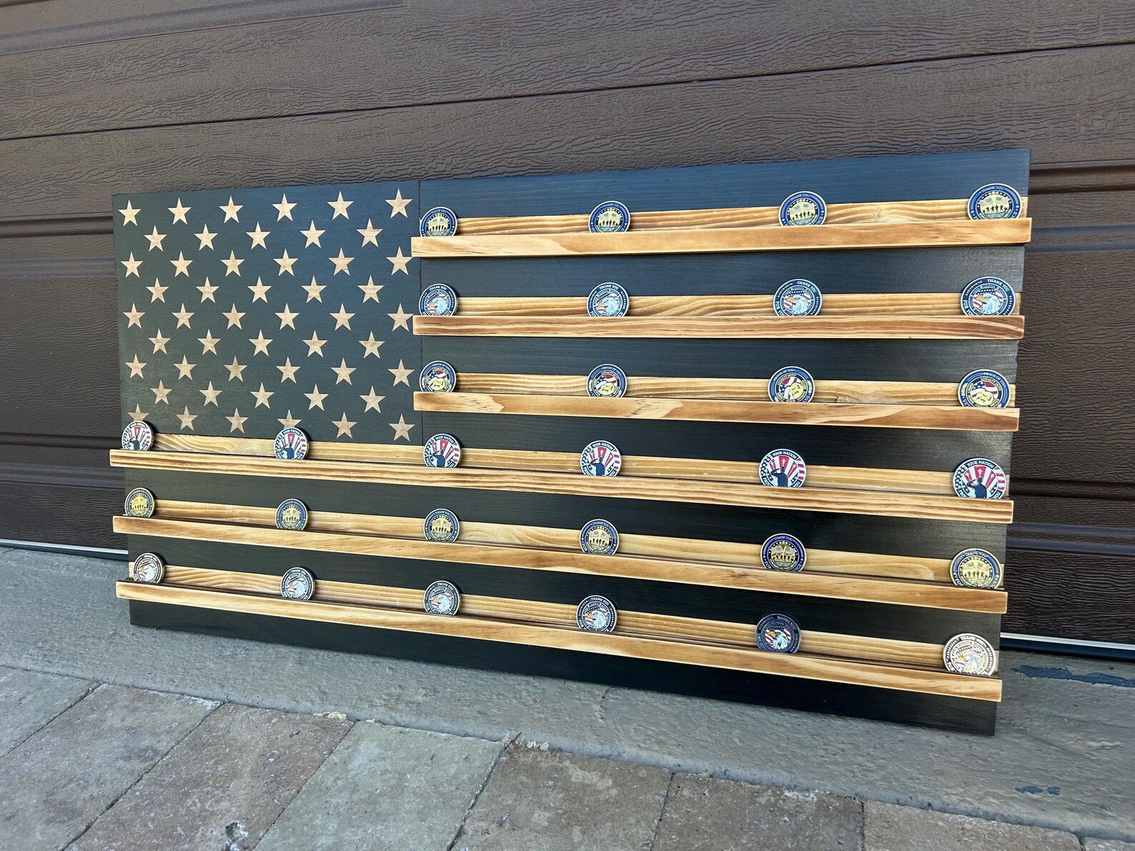 Handcrafted Wooden American Flag Challenge Coin Display: Rustic ...