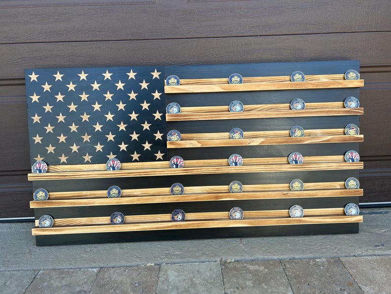 Handcrafted Wooden American Flag Challenge Coin Display: Rustic ...