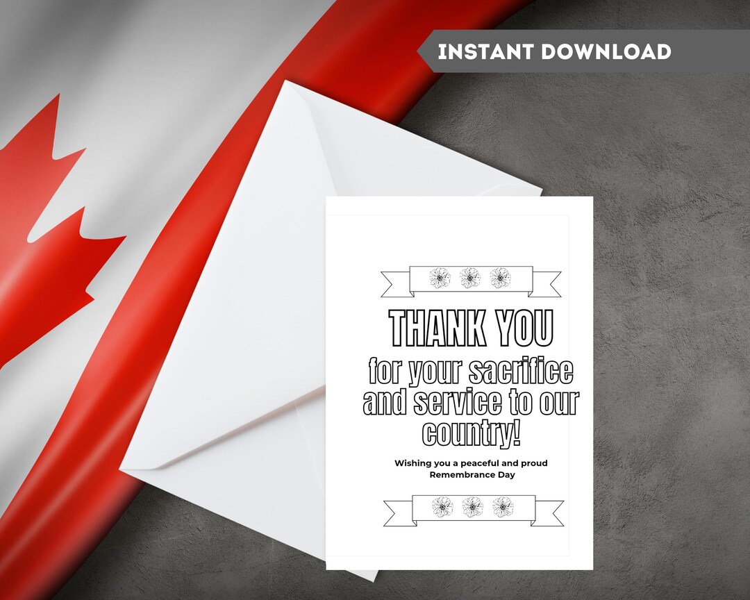 Remembrance Day Thank You Coloring Card Instant Download. Half Fold 5x7 ...
