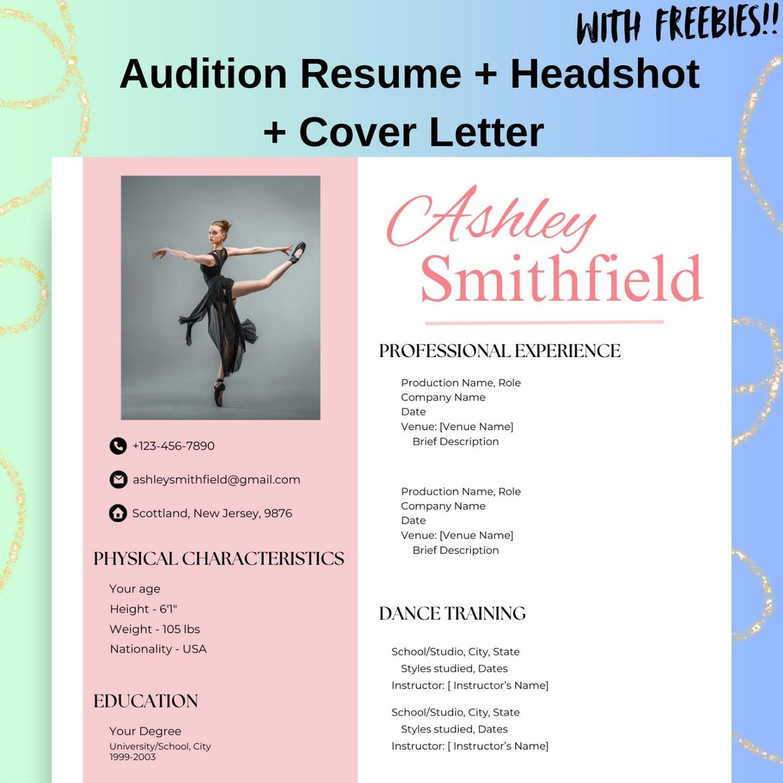 Ballet Dance Audition Resume Template in Canva, Ballerina Dance ...