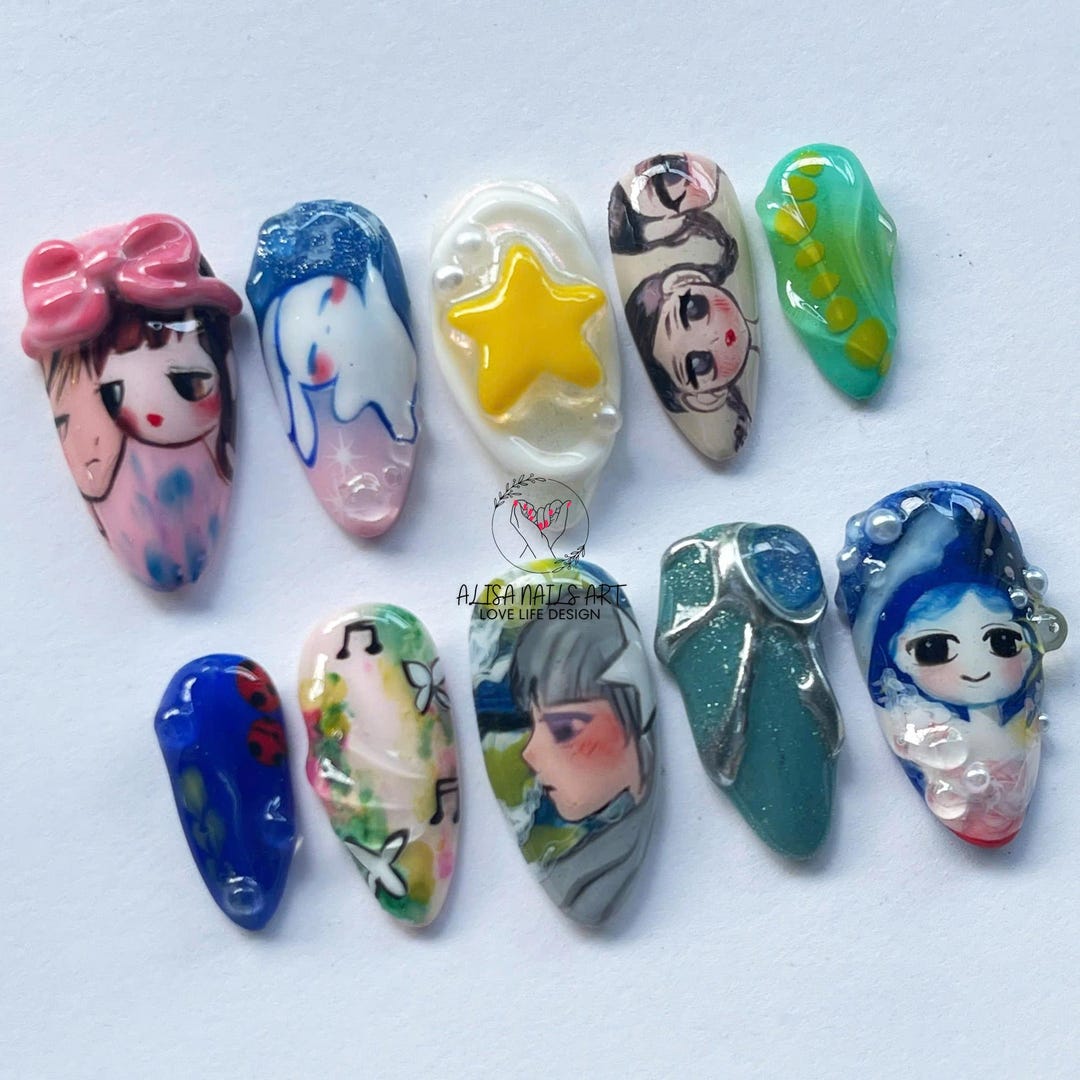 Hand-painted 3D Designs, Anime Faces Press on Nails, Unique Almond ...