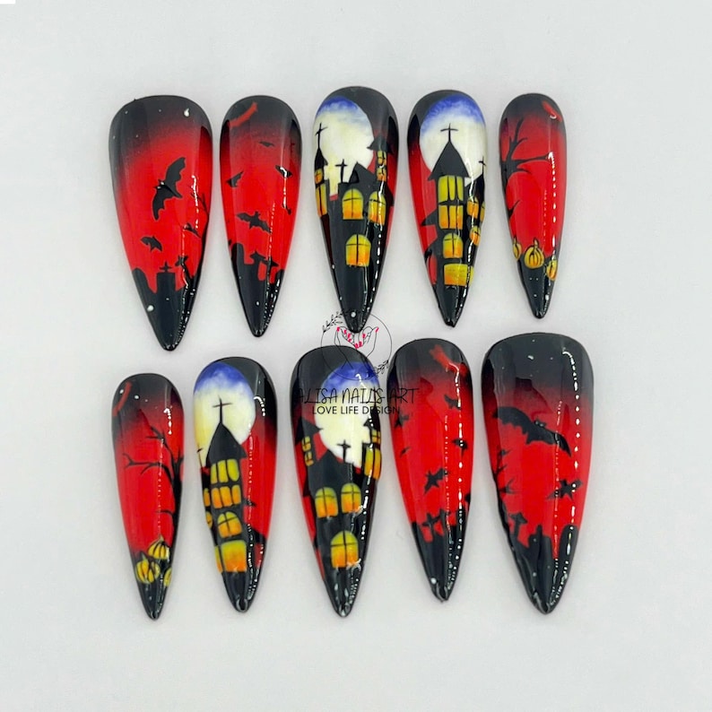 Hand-painted Scary House Press on Nails, Halloween Spooky Season Fake ...