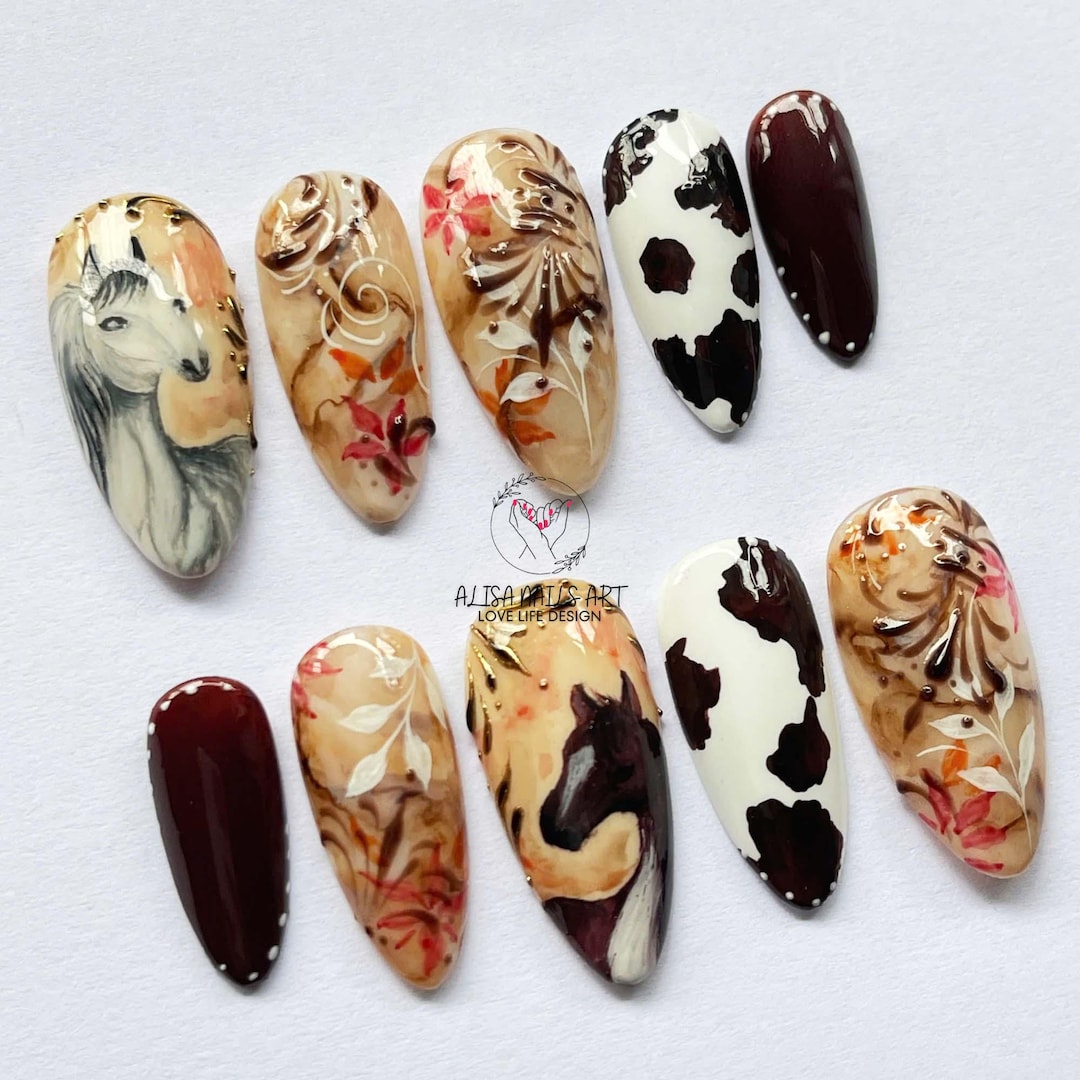 Hand-painted Western Horse Press on Nails, Cow Print Rustic Nails ...