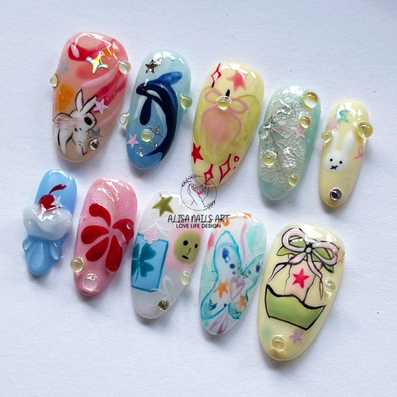 Unique Smiski & Fox Press on Nails, Miffy and Fish Theme Nail Set ...