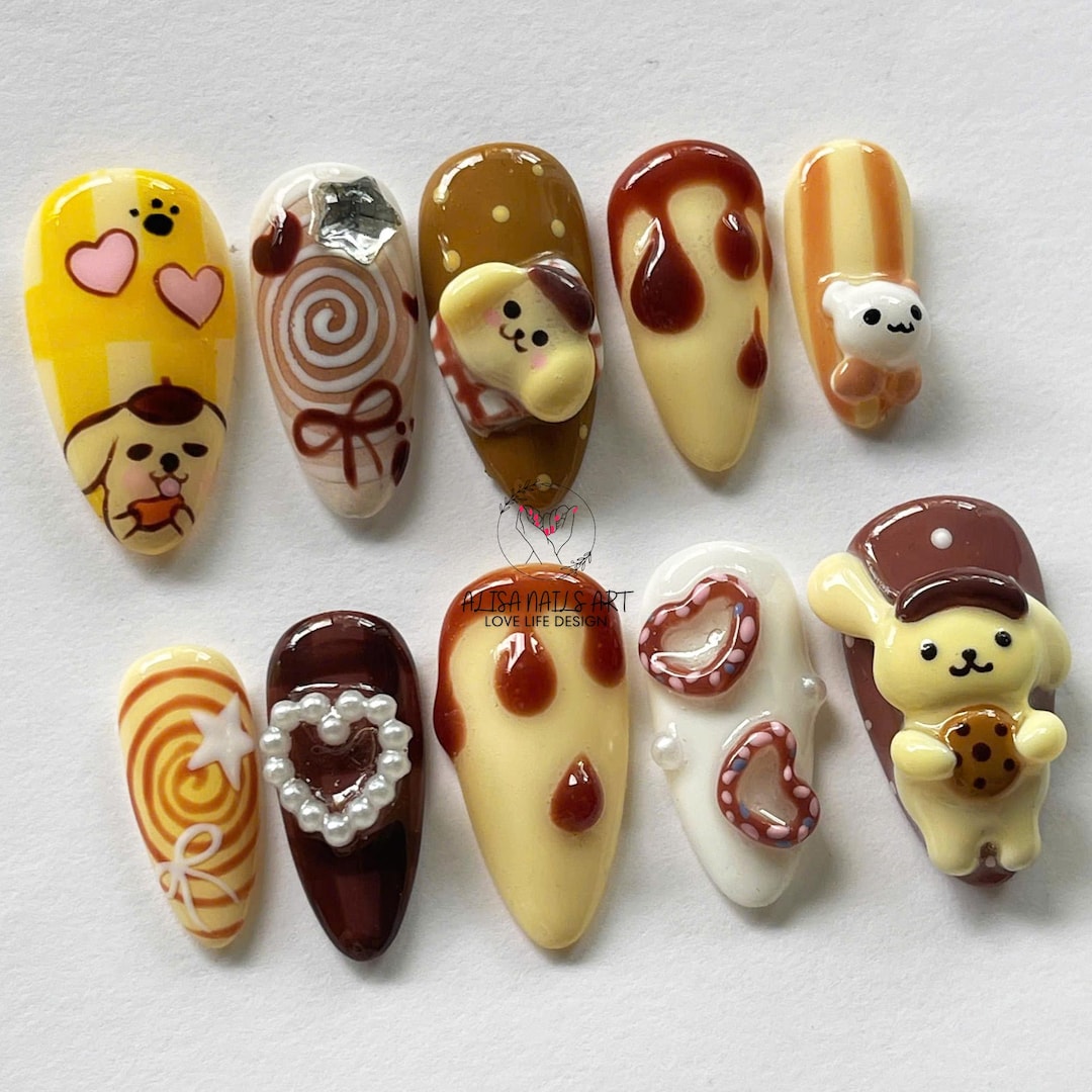 Pompompurin 3D Press on Nails, Handmade Kawaii Sanrio Nail Art, Cute ...
