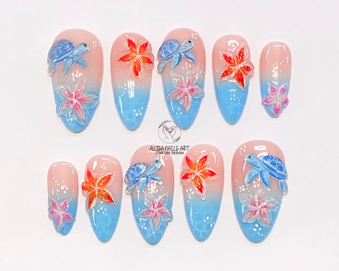 Custom Baby Turtle Beside Flower Garden Press on Nails, Fairytale ...