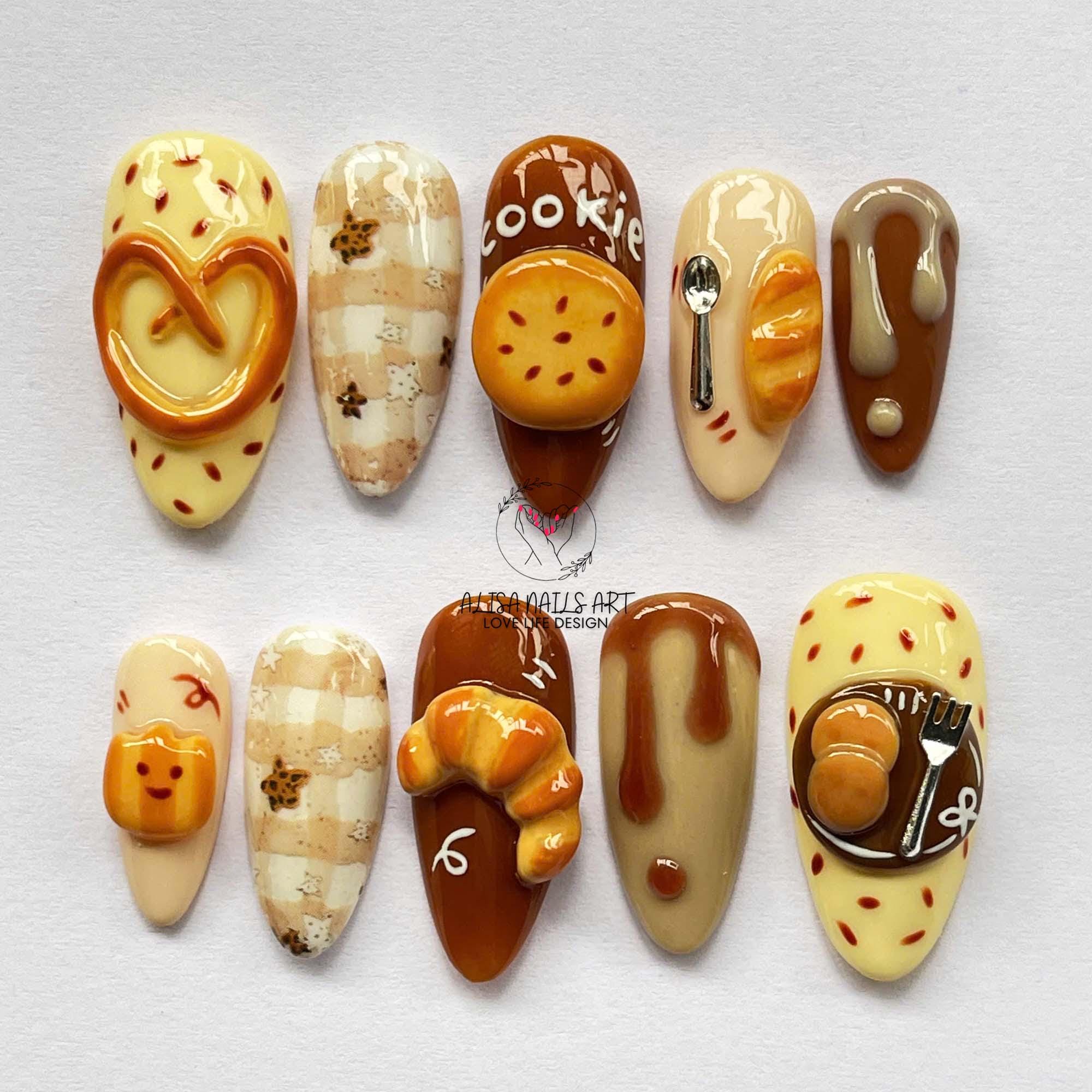 Cute Bakery Press on Nails, 3D Cookie Croissant Nail Art, Handmade ...