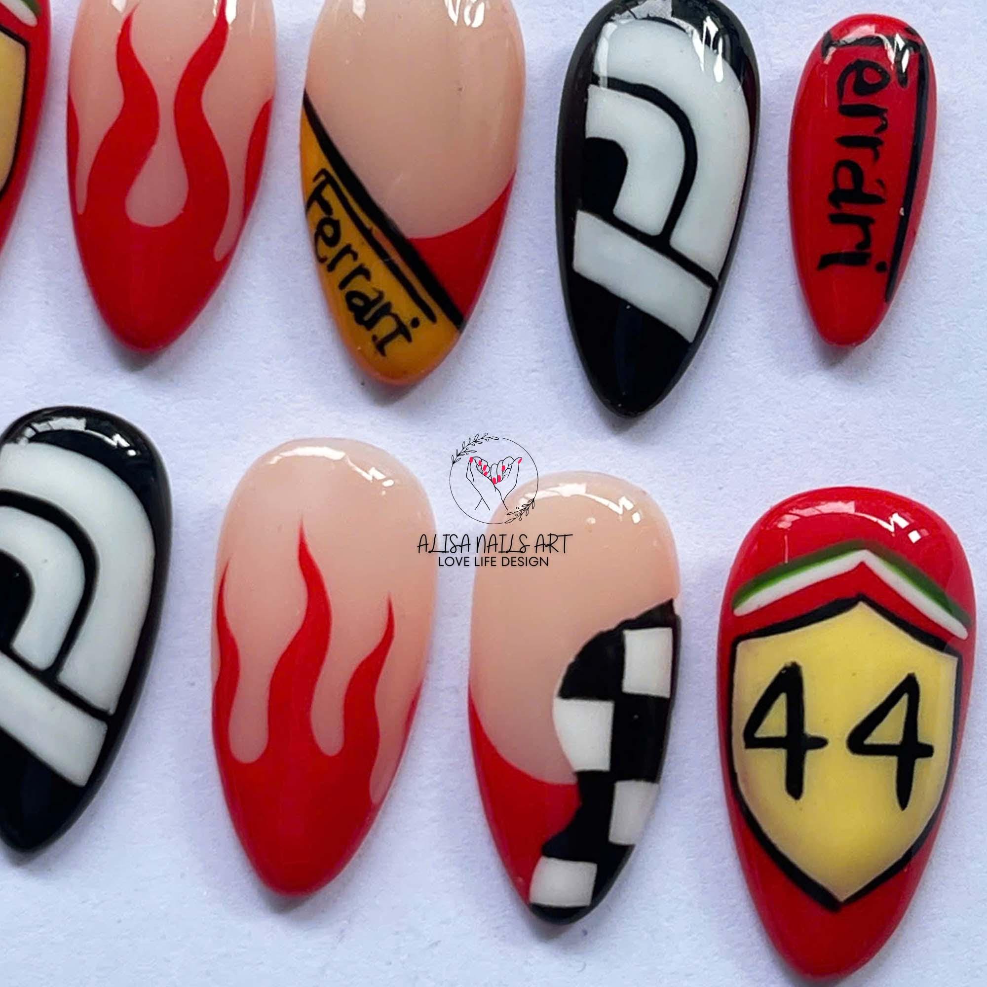 Ferrari Racing Press on Nails: Handmade Flame Checkered Nail Art ...