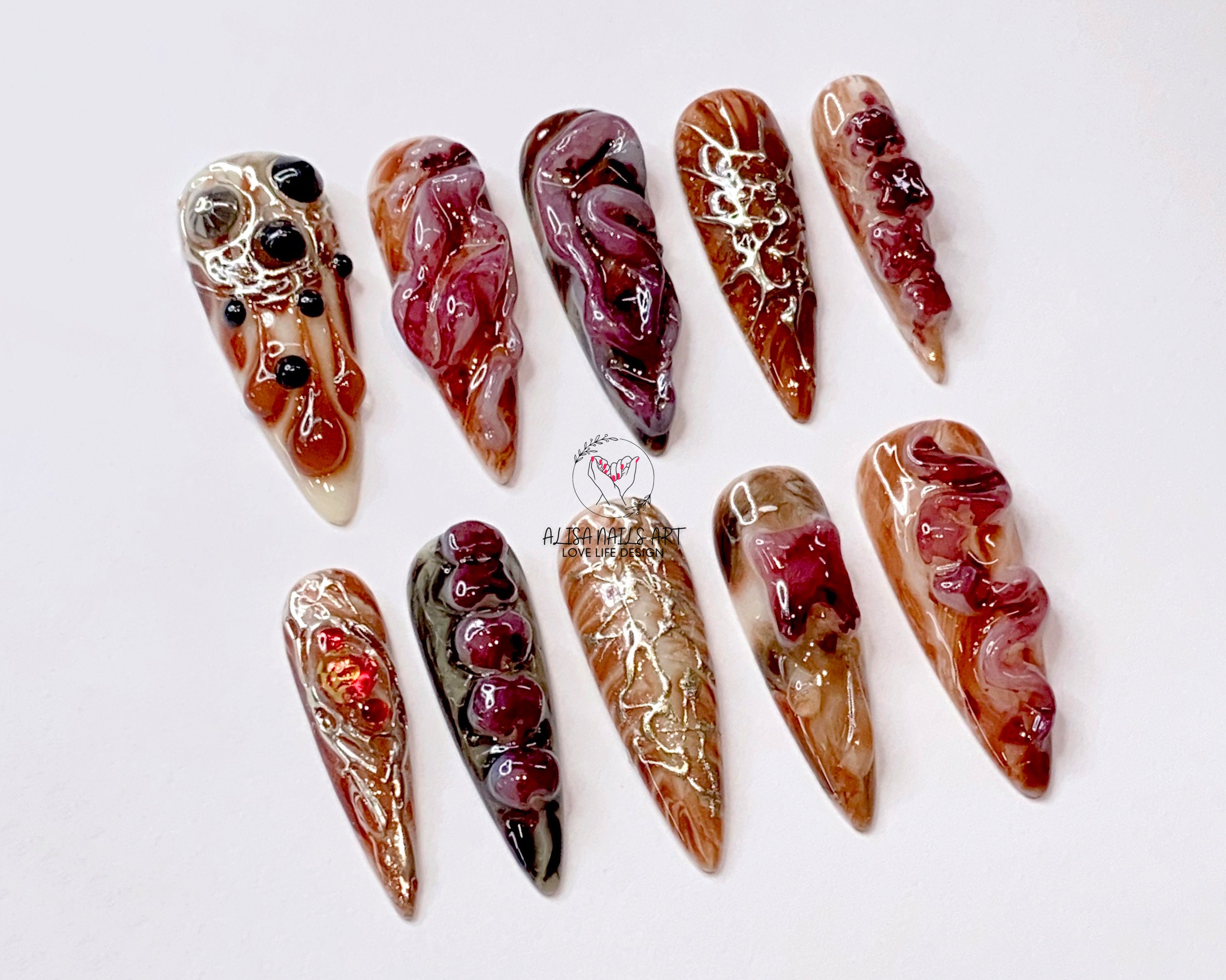 Hand-painted Devilish Ribs Press on Nails, Ghostly Teeth Nail Set ...