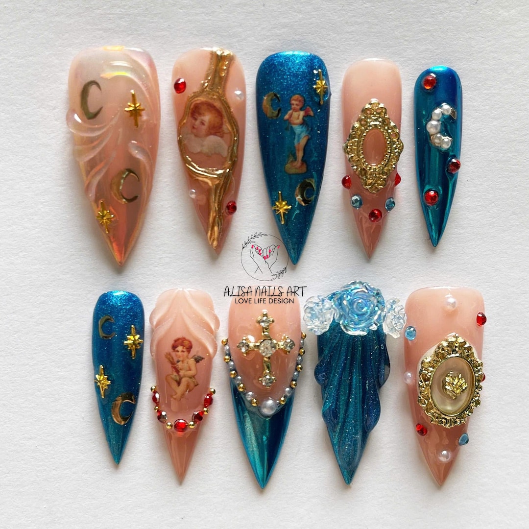 Handmade Religious Angel Blue Design Press on Nails, Luxury Long ...