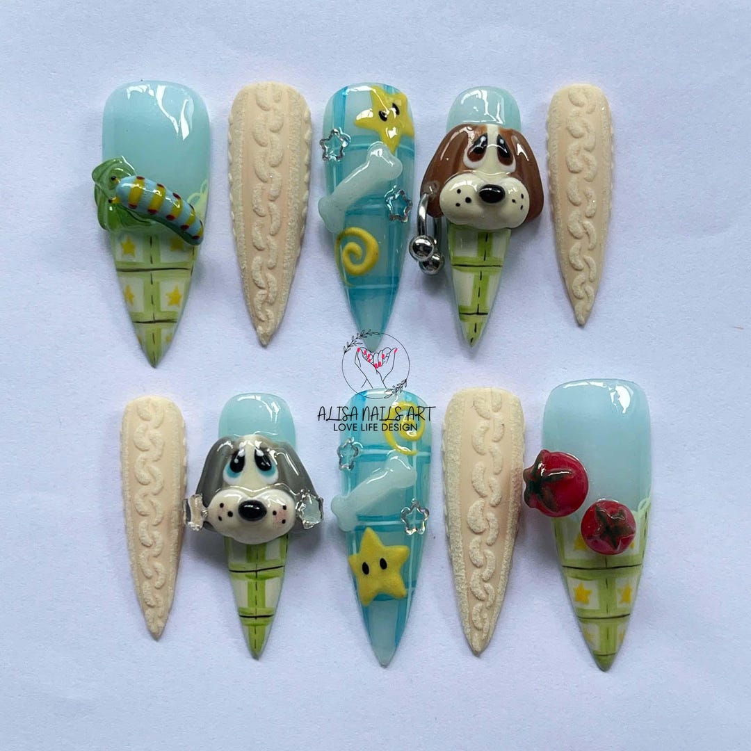 3D Dog Press on Nails: Kawaii Puppy Nail Art, Handmade Long Stiletto ...
