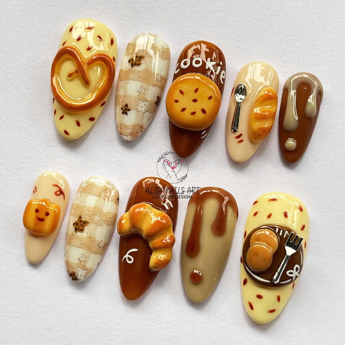 Cute Bakery Press on Nails, 3D Cookie Croissant Nail Art, Handmade ...