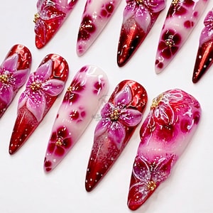Hand-painted Red Flowers Press on Nails, Summer Colour 3D Floral Nail ...