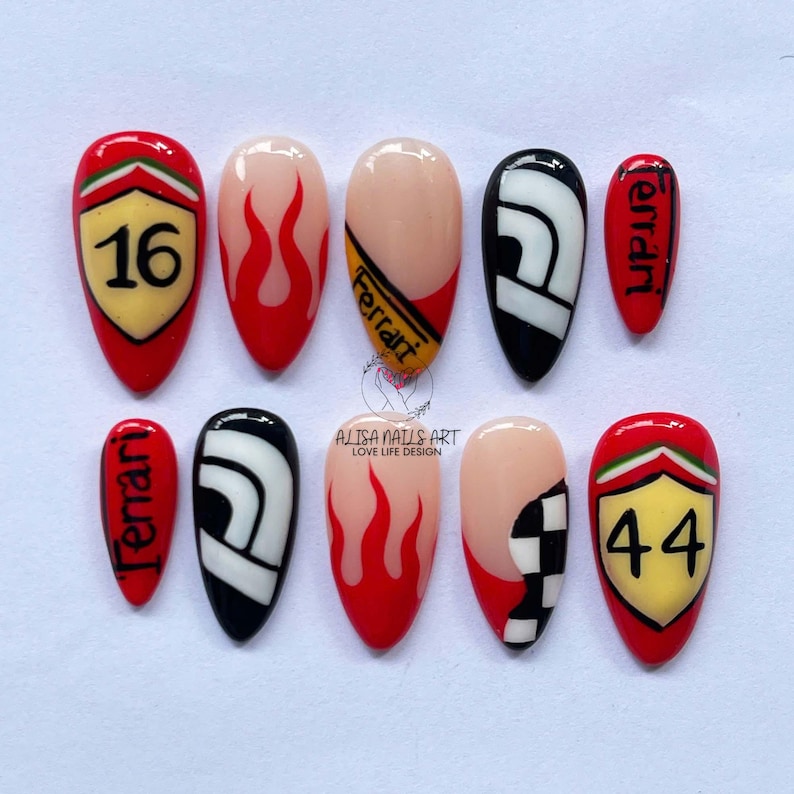 Ferrari Racing Press on Nails: Handmade Flame Checkered Nail Art ...