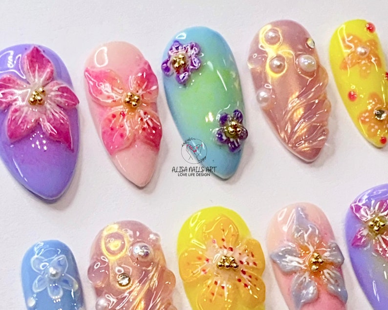 Fairy Tale Flower Press on Nails, Adorable 3D Nail Art, Fresh False ...
