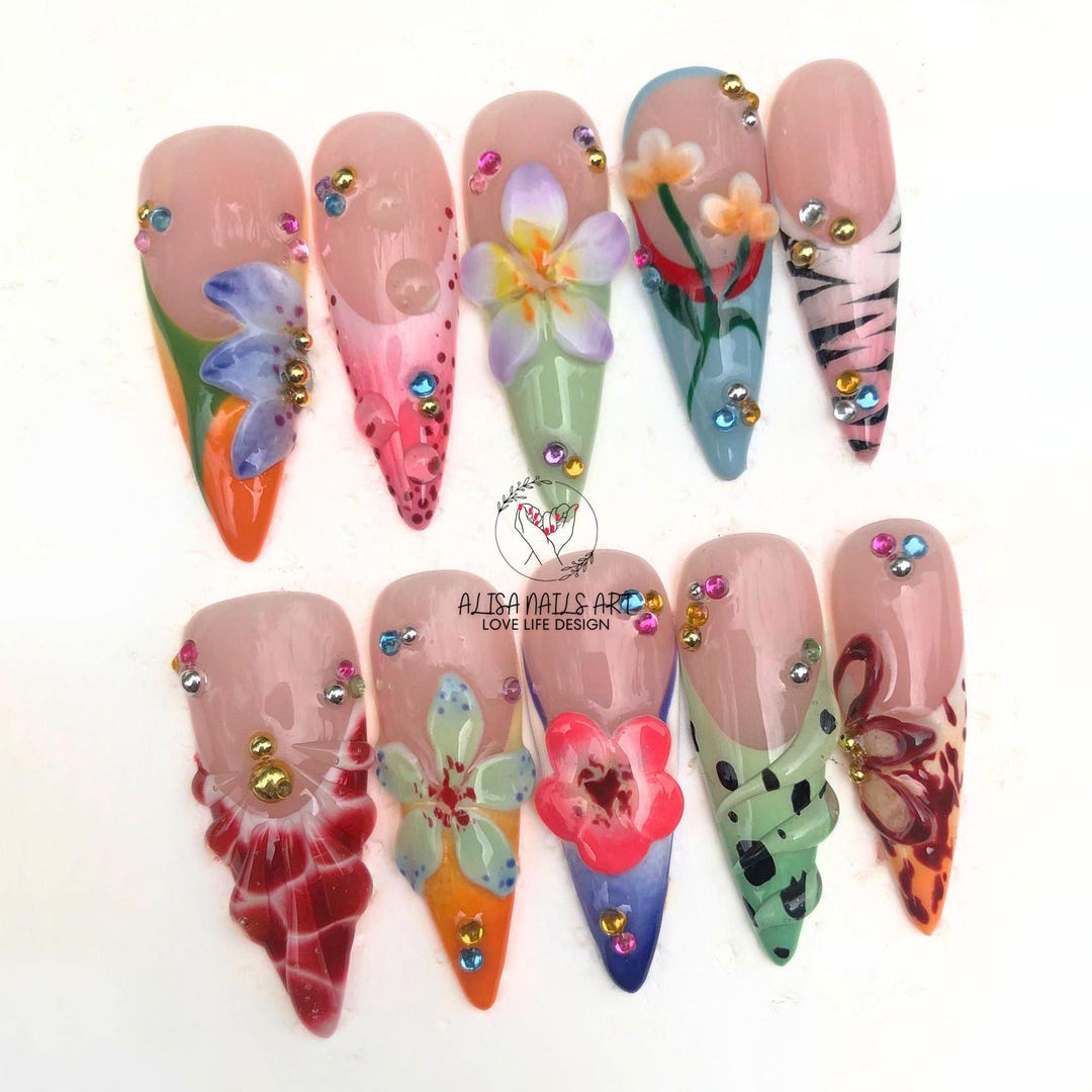 Glamour Long Stiletto Nail Set With 3D Flowers, Seashell, Fairy Garden ...