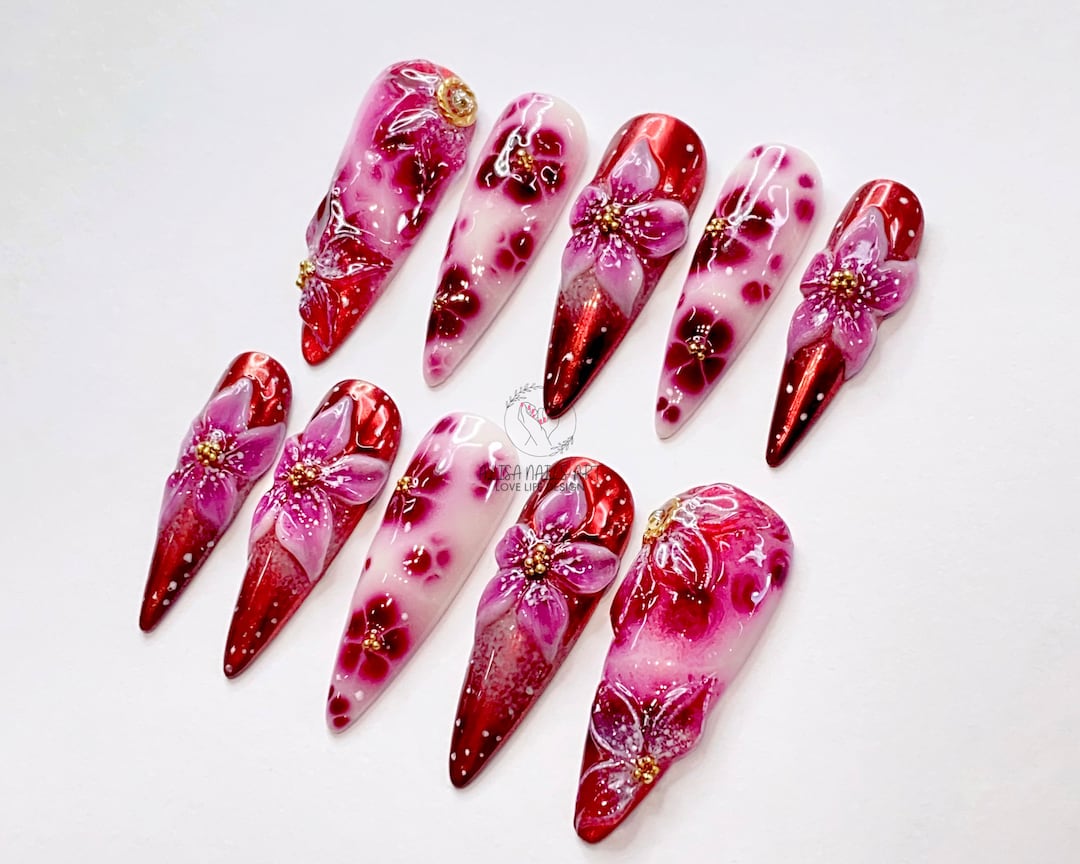 Hand-painted Red Flowers Press on Nails, Summer Colour 3D Floral Nail ...