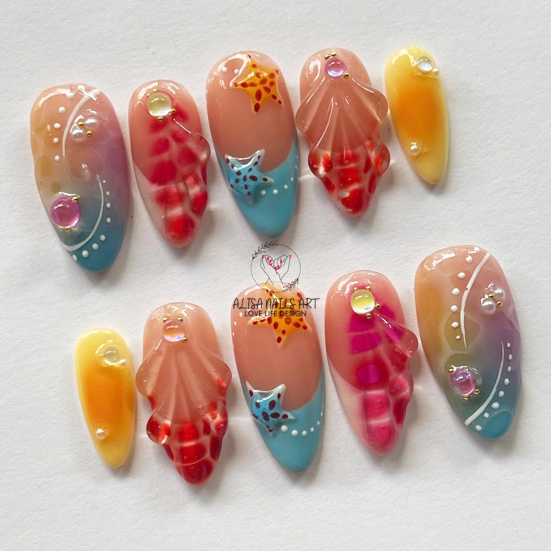 Hand-painted Beach Inspired Press on Nails, Almond Nail Art Set With ...
