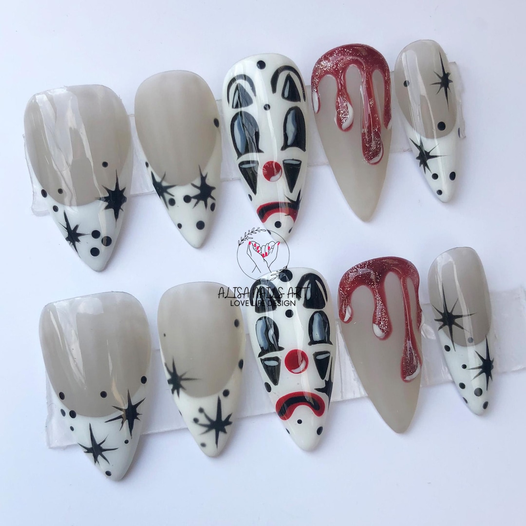 Halloween Almond Nail Set, Sad Clown Press on Nails, Halloween Theme ...