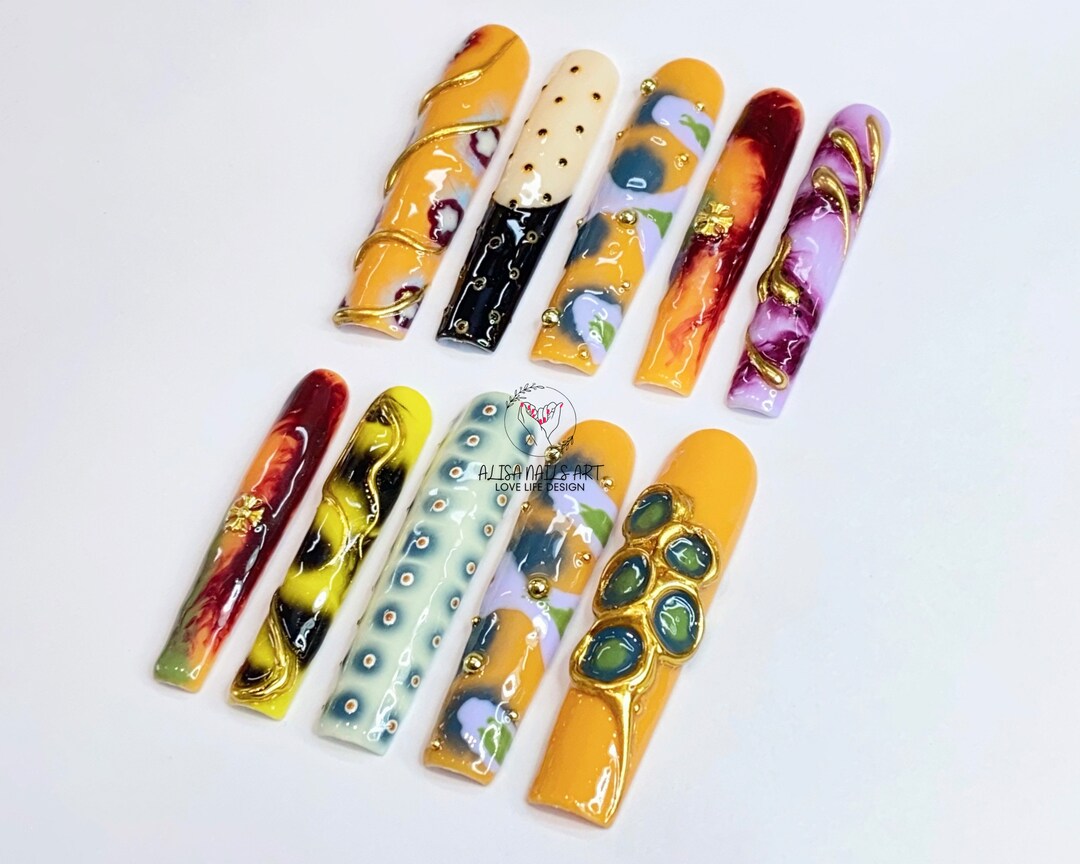 Extra Long Square Freestyle Earthy Tone Press on Nails, Air Brush Fake ...