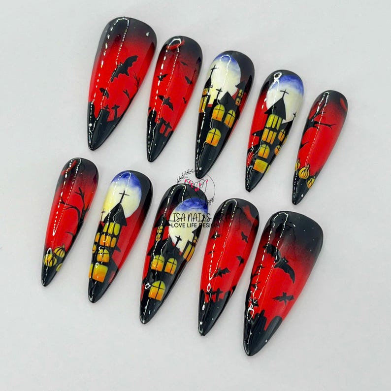 Hand-painted Scary House Press on Nails, Halloween Spooky Season Fake ...