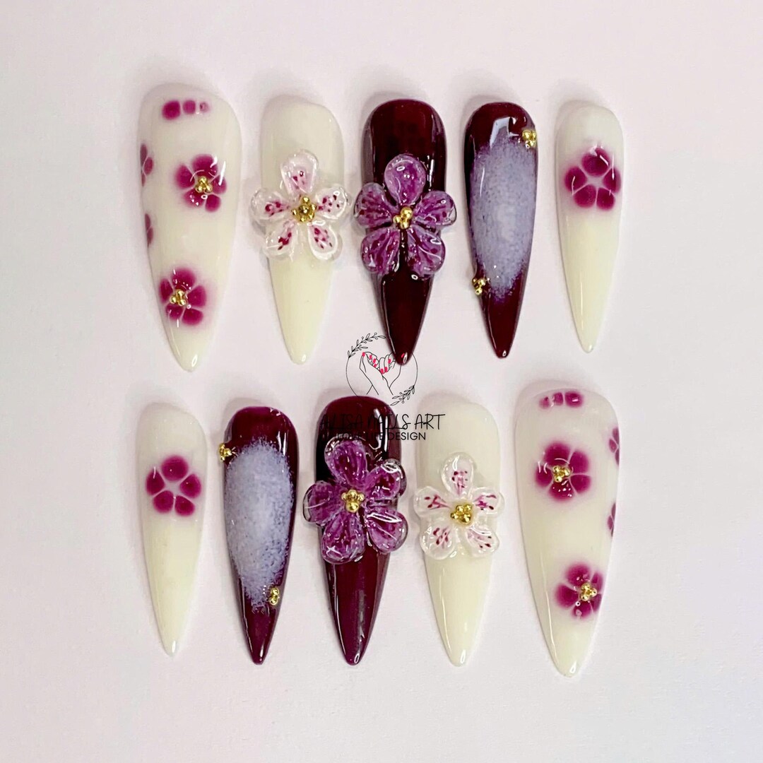 Custom Purple Floral Press on Nails, Dreamy Fake Nails, Hot Trend ...