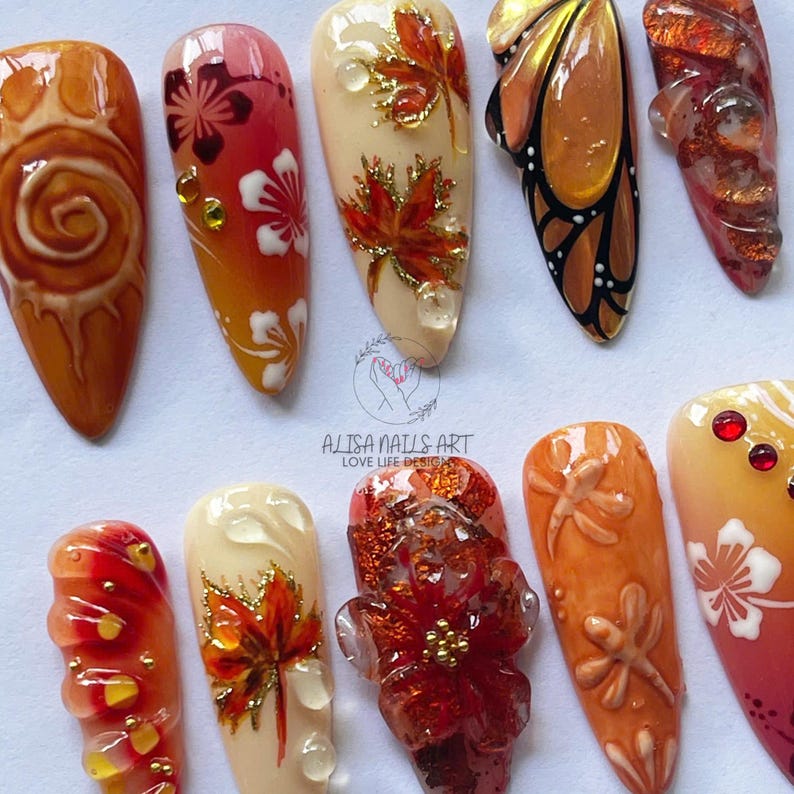 Autumn Press on Nails, Handmade Fall Leaves Nail Art, 3D Maple Long ...