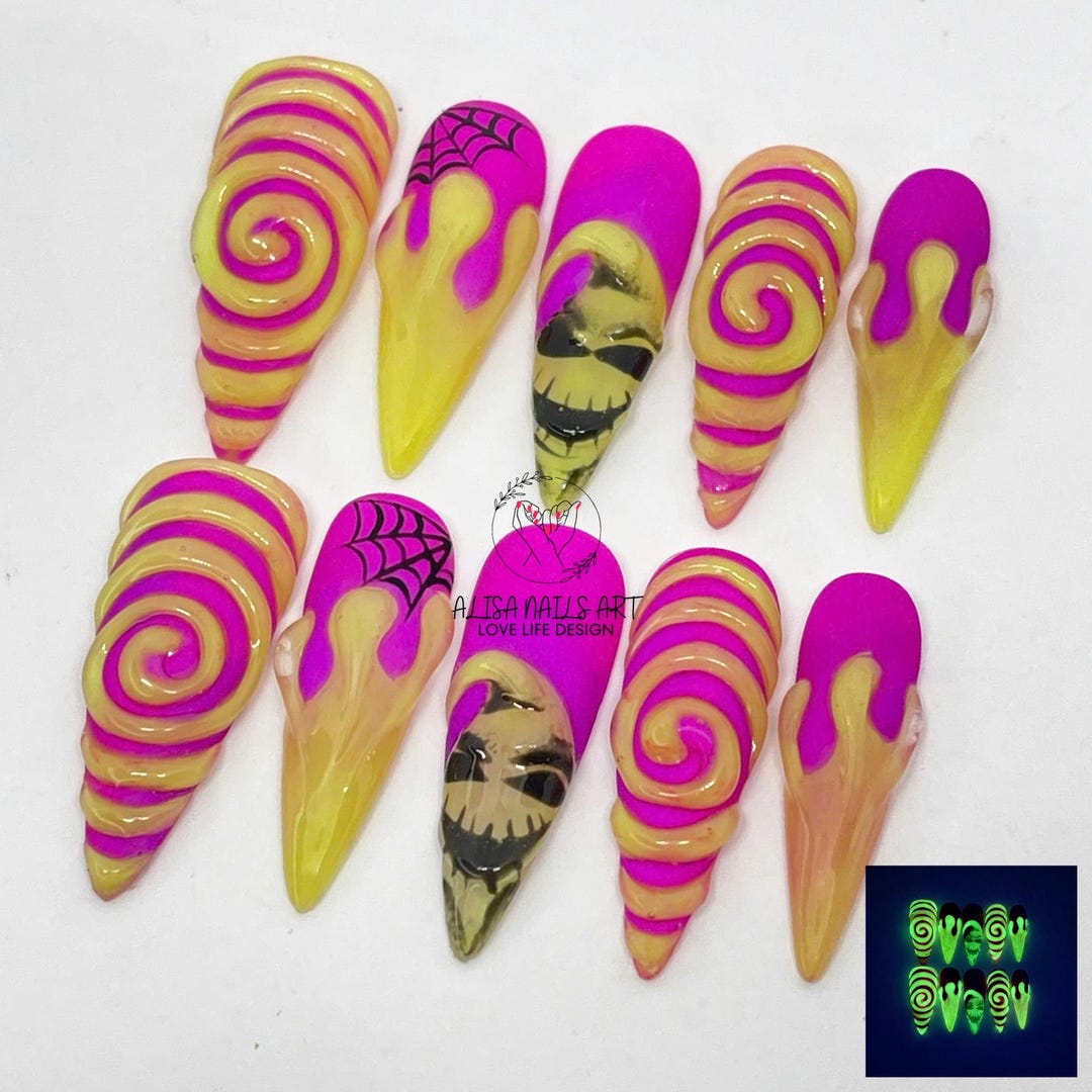 Neon Oogie Boogie Press on Nails, Handcrafted Halloween Long Coffin ...