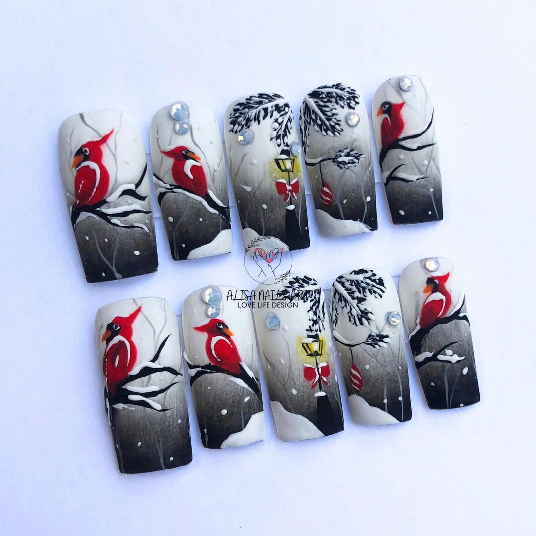 Vibrant Cardinal Bird in the Snowy Night Press on Nails, Unique ...