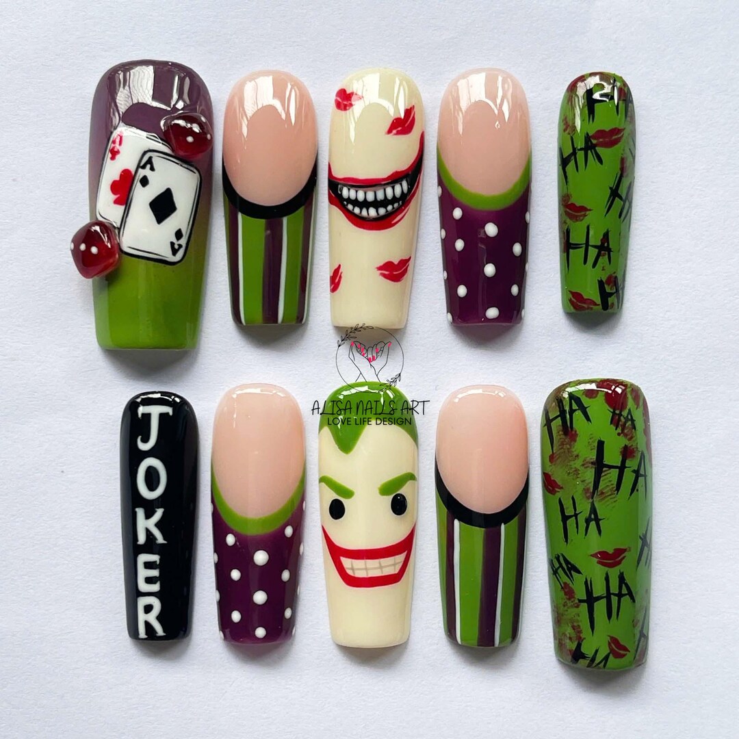 Custom Joker Press on Nails, Green Purple Comic Nail Art, Handmade ...