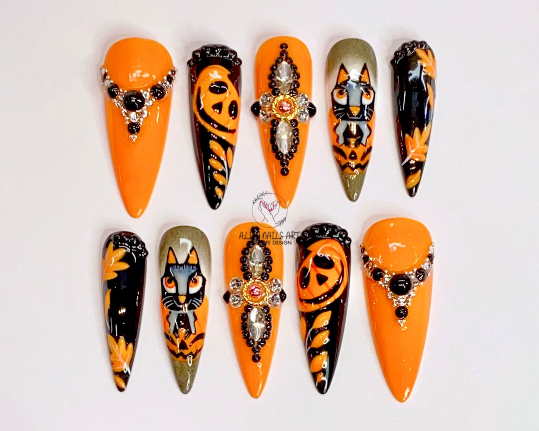 Weasel Beside Spooky Pumpkin Press on Nails, Reusable Nail, Halloween ...