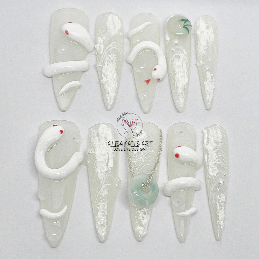 3D White Snake Beside Bright Pearl Press on Nails, XL Long Stiletto ...