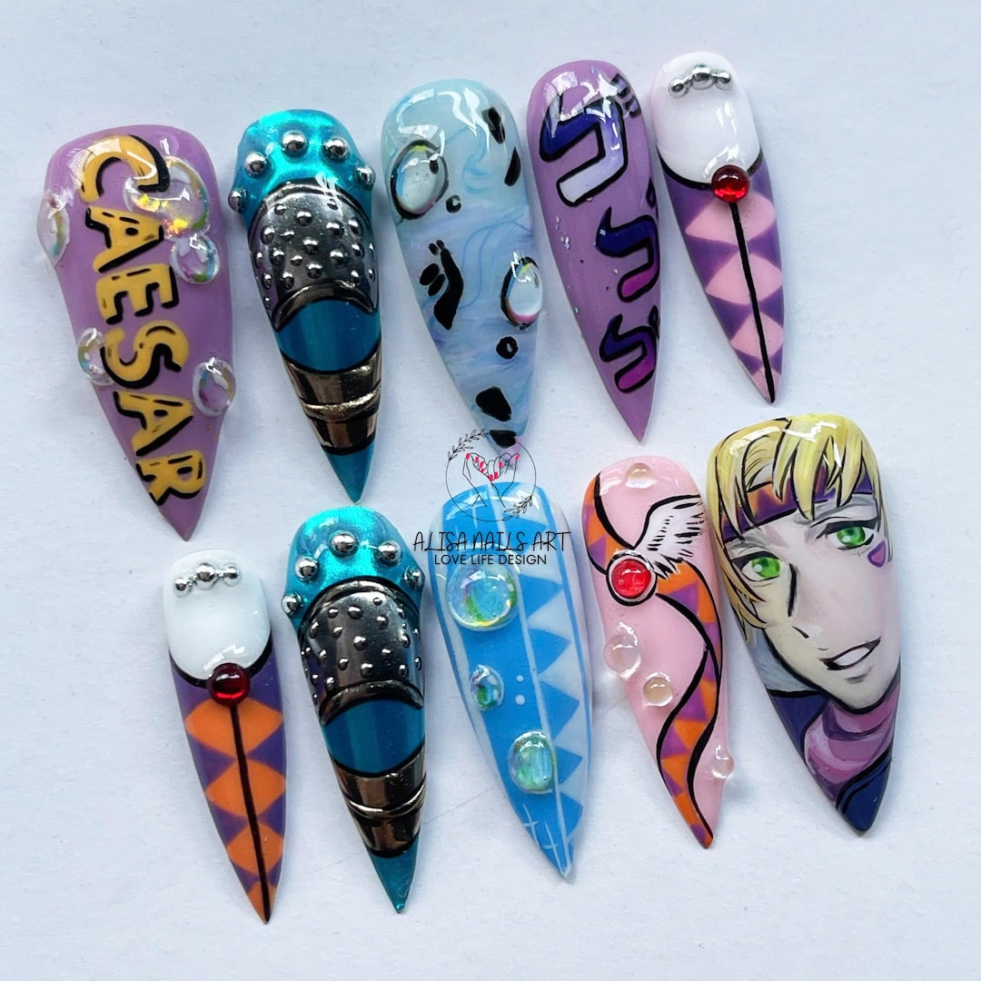 Jojo Anime Press on Nails, Handmade Caesar Nail Art, Cosplay Fake Nail ...