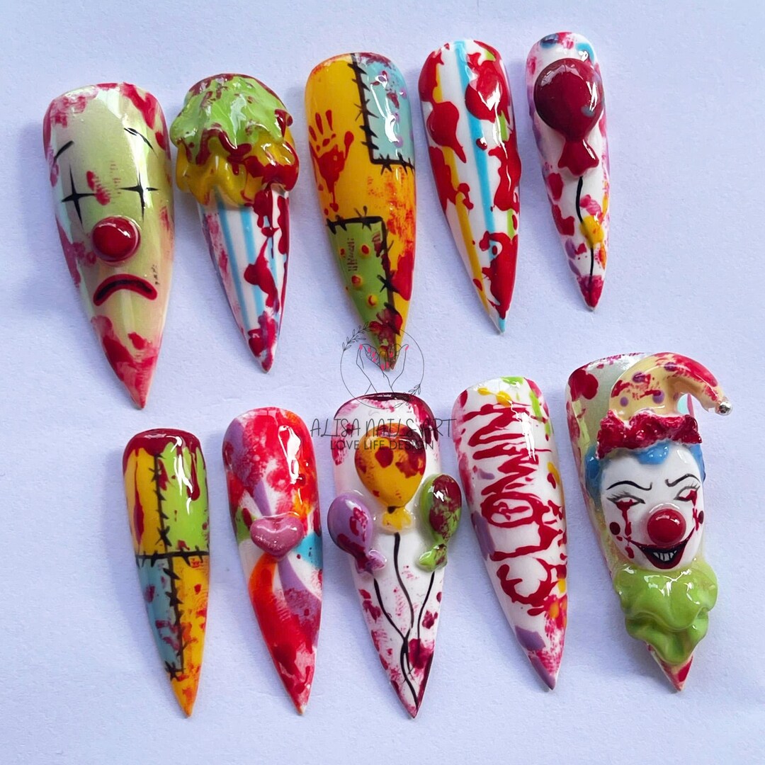 Creepy Clown Halloween Press on Nails, Long Stiletto Nails, Handmade ...