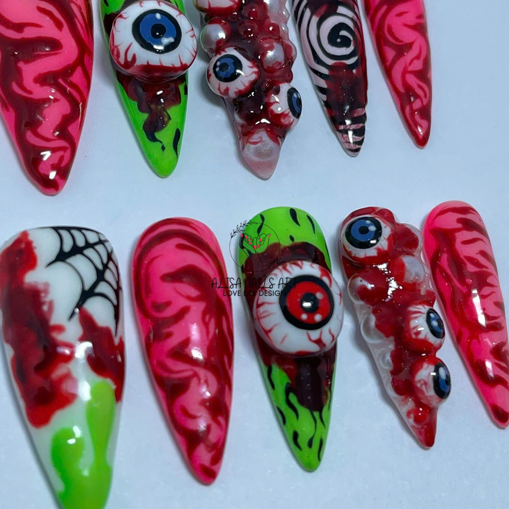 Bleeding Demon Eye Press on Nails, Creepy Nail Art, Handmade Halloween ...