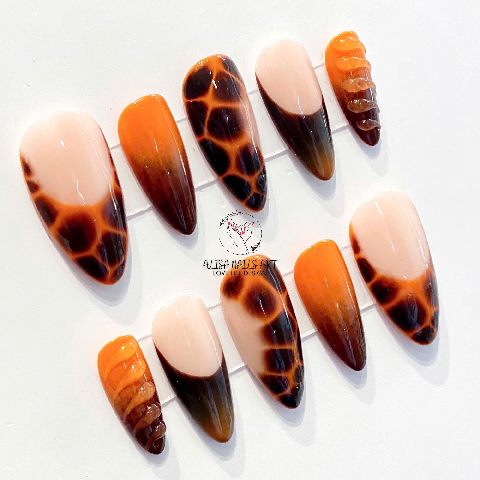 Hand-painted Amber Nail Set, Luxury Autumn Press on Nails With French ...