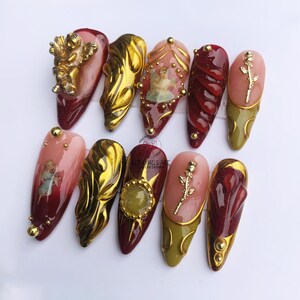 Golden Claret Angel Nails Long Stiletto Press on Nail, Custom Design ...