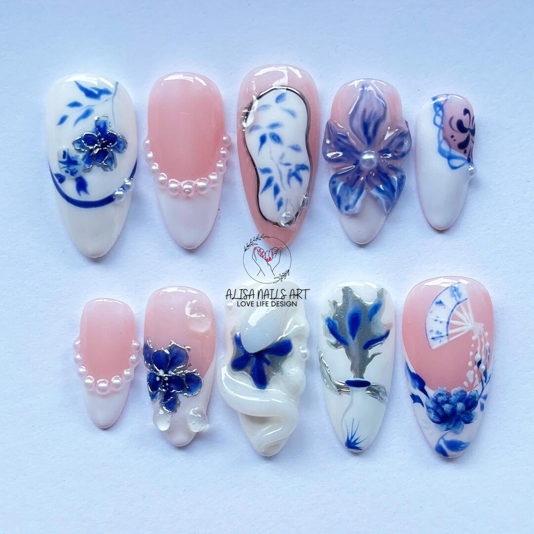 Unique Chinese Porcelain Press on Nails, Blue Porcelain and Sculptured ...