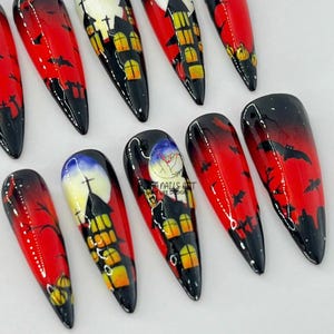 Hand-painted Scary House Press on Nails, Halloween Spooky Season Fake ...