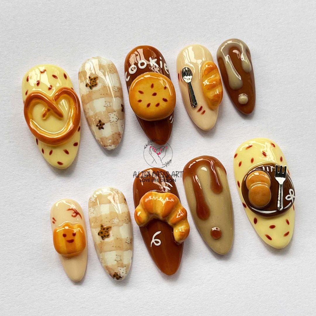 Cute Bakery Press on Nails, 3D Cookie Croissant Nail Art, Handmade ...